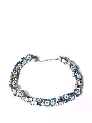 Miu Miu Floral Motif Leather And Enamel Necklace - Gold