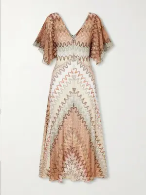 Missoni Striped Metallic Crochet-knit Midi Dress - Brown
