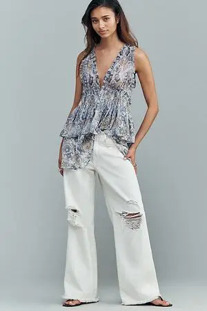 Anthropologie Smocked Sleeveless V-neck Top