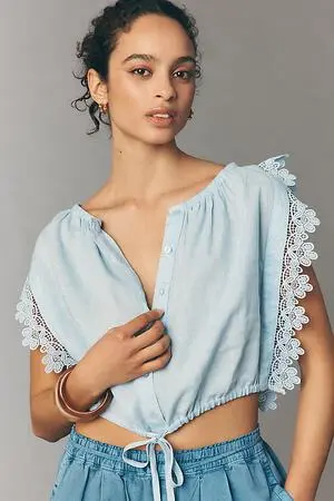 Anthropologie European Linen Tie-front Crop Blouse - Blue