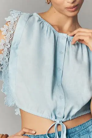 Anthropologie 100% Linen Tie-front Crop Blouse With Lace Trim