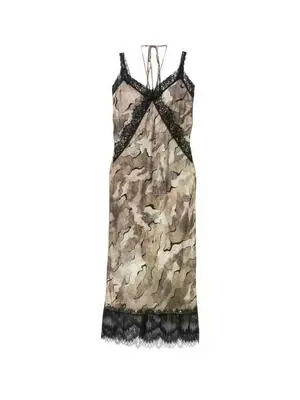 Pinko Midi Camouflage Print Lace Trim Dress - Green