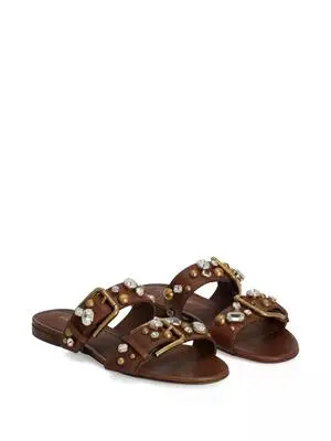 Dolce & Gabbana Embellished Leather Flat Slides - Brown
