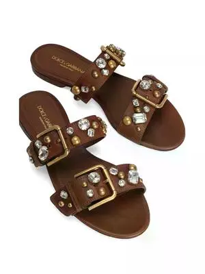 Dolce & Gabbana Embellished Leather Flat Slides - Brown
