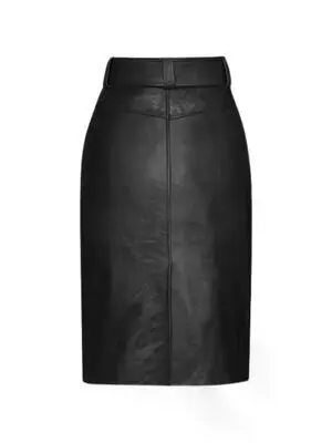 Saint Laurent Belted Leather Pencil Midi Skirt - Black