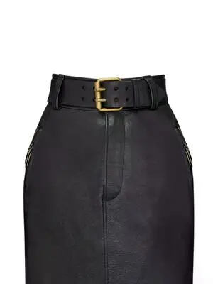 Saint Laurent Belted Leather Pencil Midi Skirt - Black