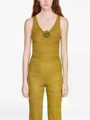 Sandro Floral Appliqué Pointelle Knit V-neck Top - Green