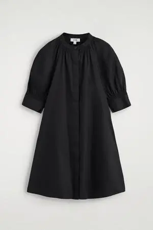 Cos Smocked Puff-sleeve Shirt Dress - Black
