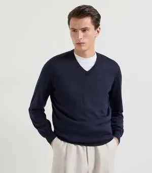 Brunello Cucinelli Cashmere-silk V-neck Sweater - Blue