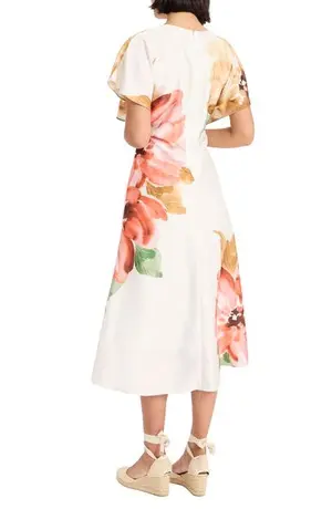 Maggy London Floral Print Flutter Sleeve Midi Dress - Ivory/persimmon