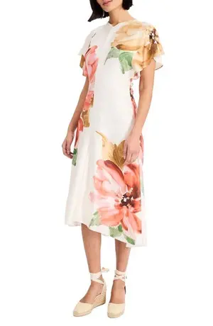 Maggy London Floral Print Flutter Sleeve Midi Dress - Ivory/persimmon
