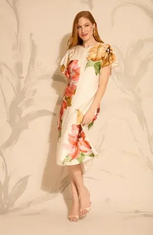 Maggy London Floral Print Flutter Sleeve Midi Dress - Ivory/persimmon