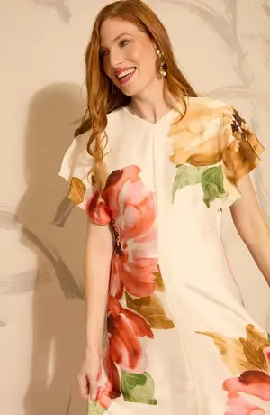 Maggy London Floral Print Flutter Sleeve Midi Dress - Ivory/persimmon