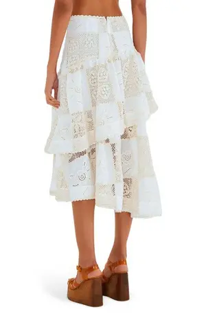 Farm Rio Lace Detail Tiered Asymmetric Cotton Skirt