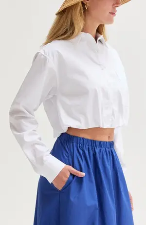 CRESCENT Poplin Bubble Hem Cropped Shirt - White