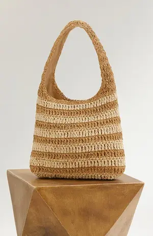 CRESCENT Striped Woven Top-handle Bag - Tan/cream