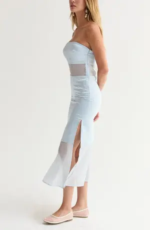 CRESCENT Satin Mixed Media Tube Midi Dress