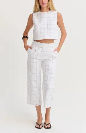 CRESCENT Windowpane Semi Cropped Linen Top - White