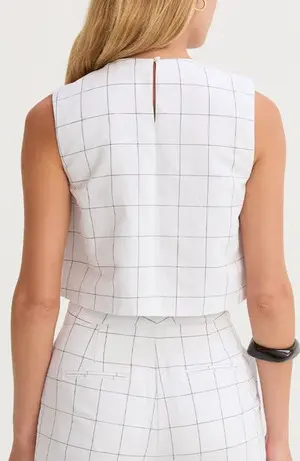 CRESCENT Windowpane Semi Cropped Linen Top - White