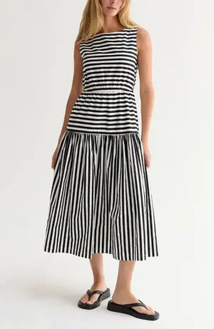 CRESCENT Cotton Blend Stripe Midi Dress