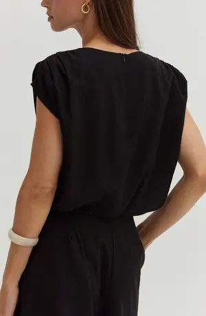 CRESCENT Cap-sleeve Bubble Hem Top - Black