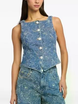 Cinq À Sept Floral Button Denim Vest