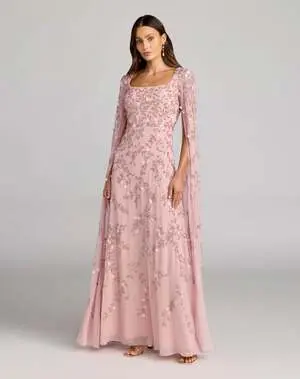 Mac Duggal Petite Beaded Square Neck Cape Sleeve Gown