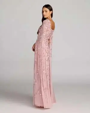 Mac Duggal Petite Beaded Square Neck Cape Sleeve Gown