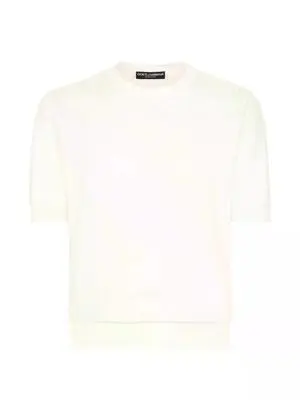 Dolce & Gabbana Silk Jacquard Round-neck Sweater With Dg Logo - Neutrals