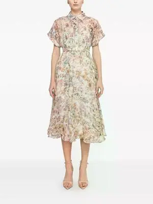 NISSA Belted Floral Print Linen Dress