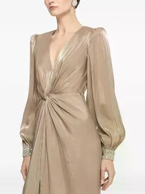 NISSA Chiffon Maxi Dress With Embellished Cuffs - Neutrals