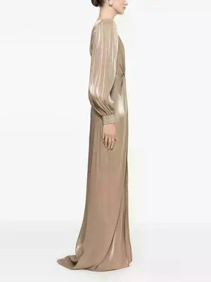 NISSA Chiffon Maxi Dress With Embellished Cuffs - Neutrals