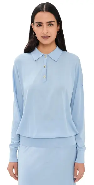 Renggli Silk Cashmere Boxy Long Sleeve Polo - Azure