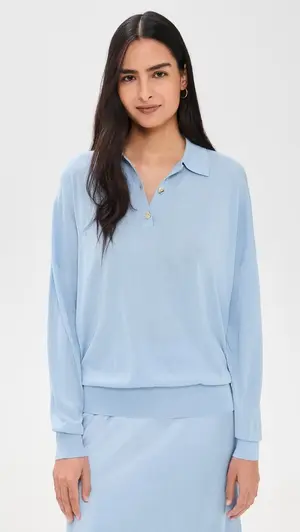 Renggli Silk Cashmere Boxy Long Sleeve Polo - Azure