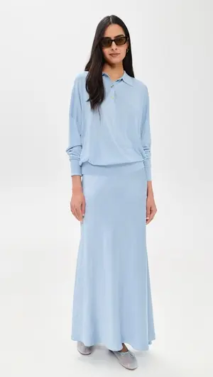 Renggli Silk Cashmere Boxy Long Sleeve Polo - Azure