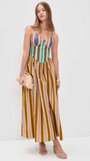 Celiab Duku Maxi Dress With Basque Waist And Stripe Print - Multi