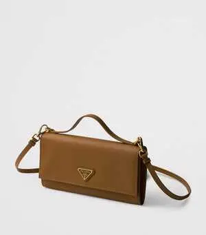 Prada Saffiano Leather Wallet With Shoulder Strap - Brown