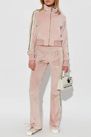Palm Angels Velvet Zip-up Sweatshirt With Striped Sleeves - Pink