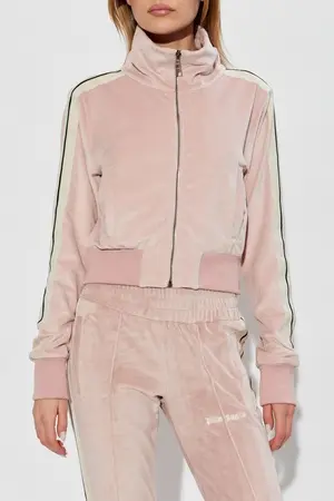 Palm Angels Velvet Zip-up Sweatshirt With Striped Sleeves - Pink