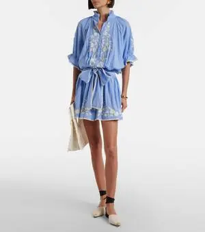 JULIET DUNN Embroidered Cotton Chambray Mini Dress
