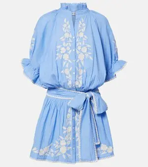 JULIET DUNN Embroidered Cotton Chambray Mini Dress - Blue