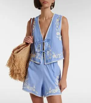 JULIET DUNN Embroidered Cotton Chambray Vest