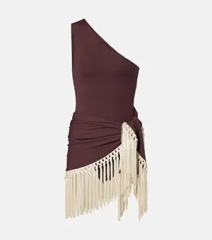 TALLER MARMO One-shoulder Swimsuit And Beach Cover-up Set With Fringe Trim - Brown