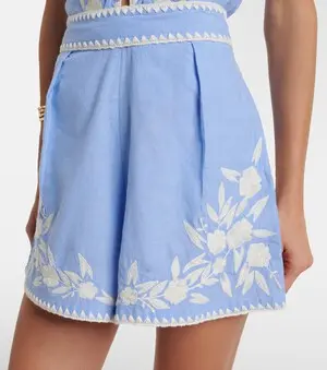 JULIET DUNN Embroidered Cotton Chambray Shorts - Blue