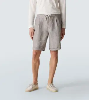 Brunello Cucinelli Linen Shorts With Drawstring Waist And Cuffed Hem - Grey