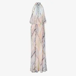 Fendi Printed Maxi Stripes Silk Crepon Chiffon Long Dress
