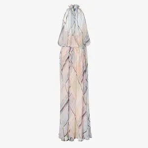 Fendi Printed Maxi Stripes Silk Crepon Chiffon Long Dress