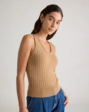 Quince Waffle Cropped Sweater Tank Top - Camel