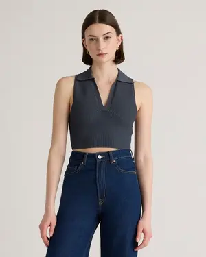 Quince Cropped Polo Ribbed Knit Tank Top - Grey