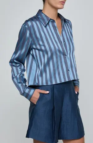 L'Agence Cosette Stripe High-low Crop Button-up Shirt - Blue Multi Stripe